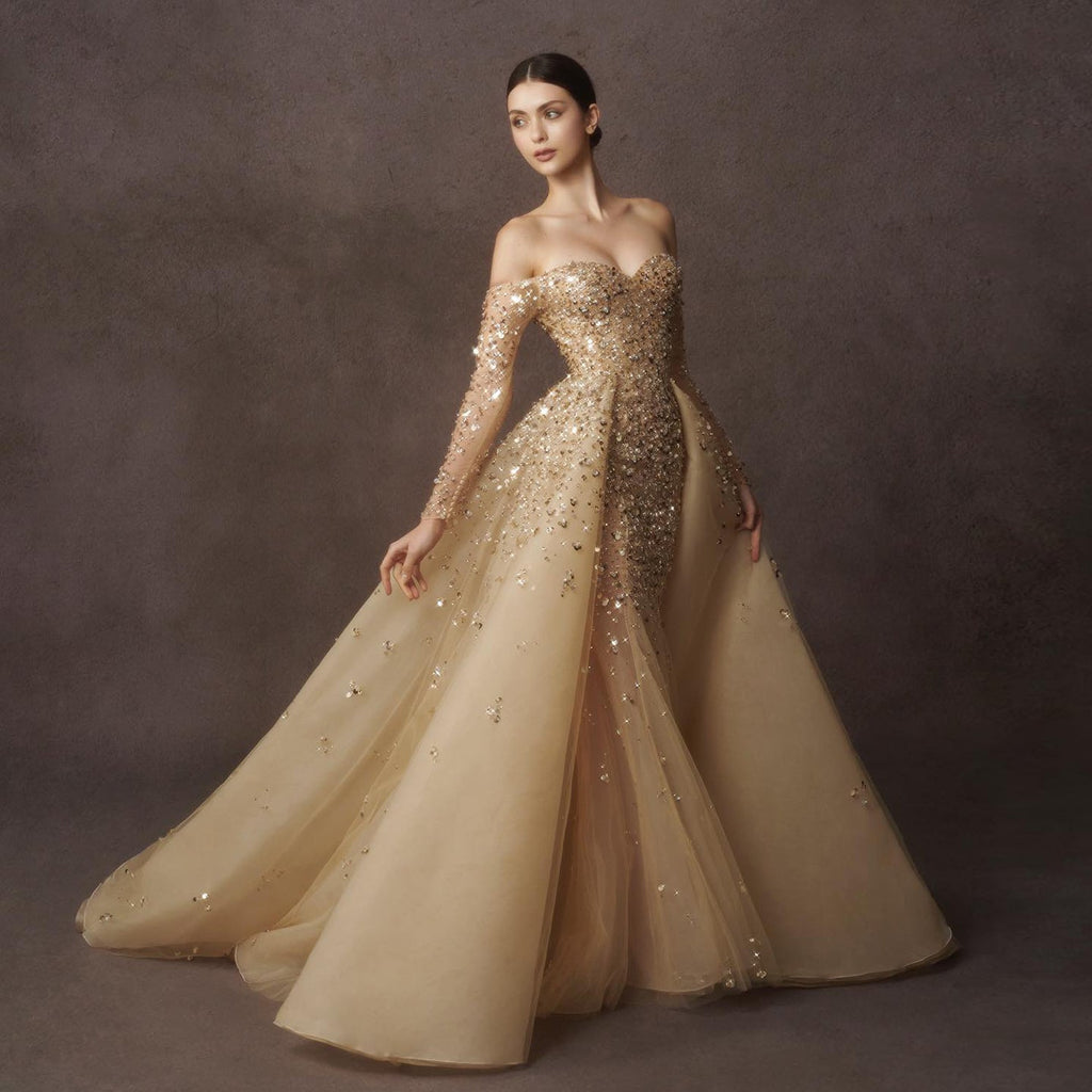 Sharon Said Luxury Dubai Champagne Gold Mermaid Evening Dress with Det