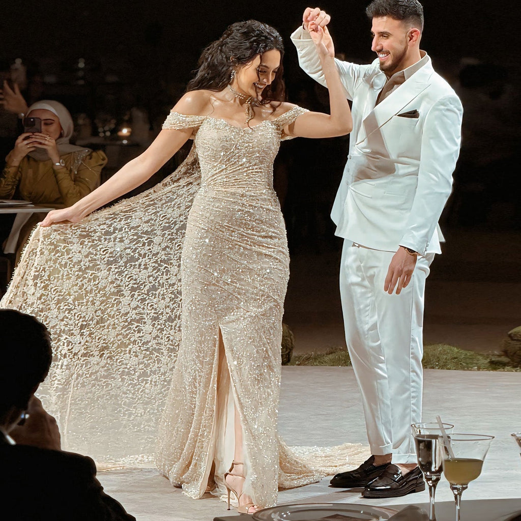 Elegant Lace Sequin Off Shoulder Evening dress SF395 – Sharon Said