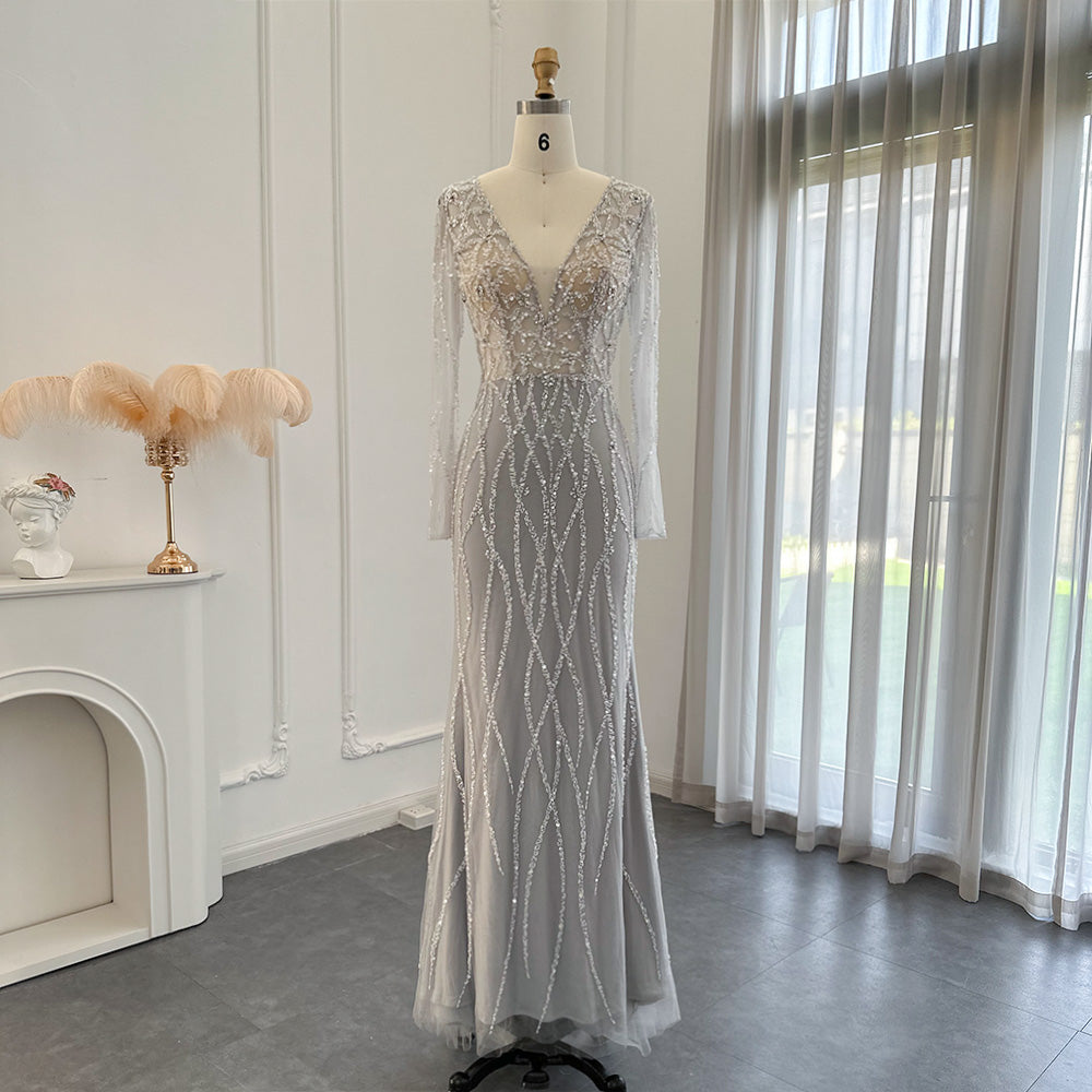 Sharon Said Silver Long Sleeve Mermaid Evening Dress Luxury Beading Lo