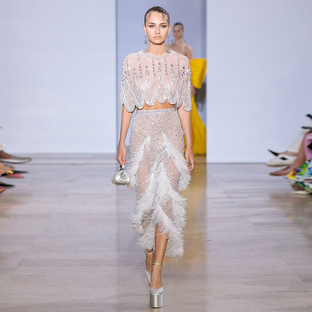 Luxury Beaded White Feathers 2 Pieces Evening Dress SS363 – Sharon Said