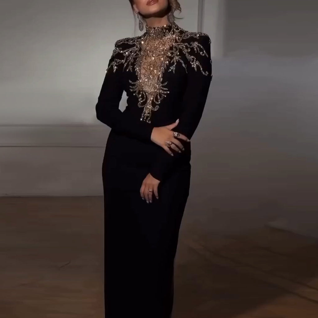 Elegant Black Long Sleeves Evening Dresses with Gold Beaded SS217 ...