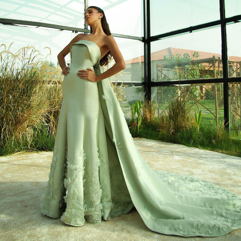 Luxury Crystal 3D Leaves Sage Green Sleeveless Evening Dress with Cape ...