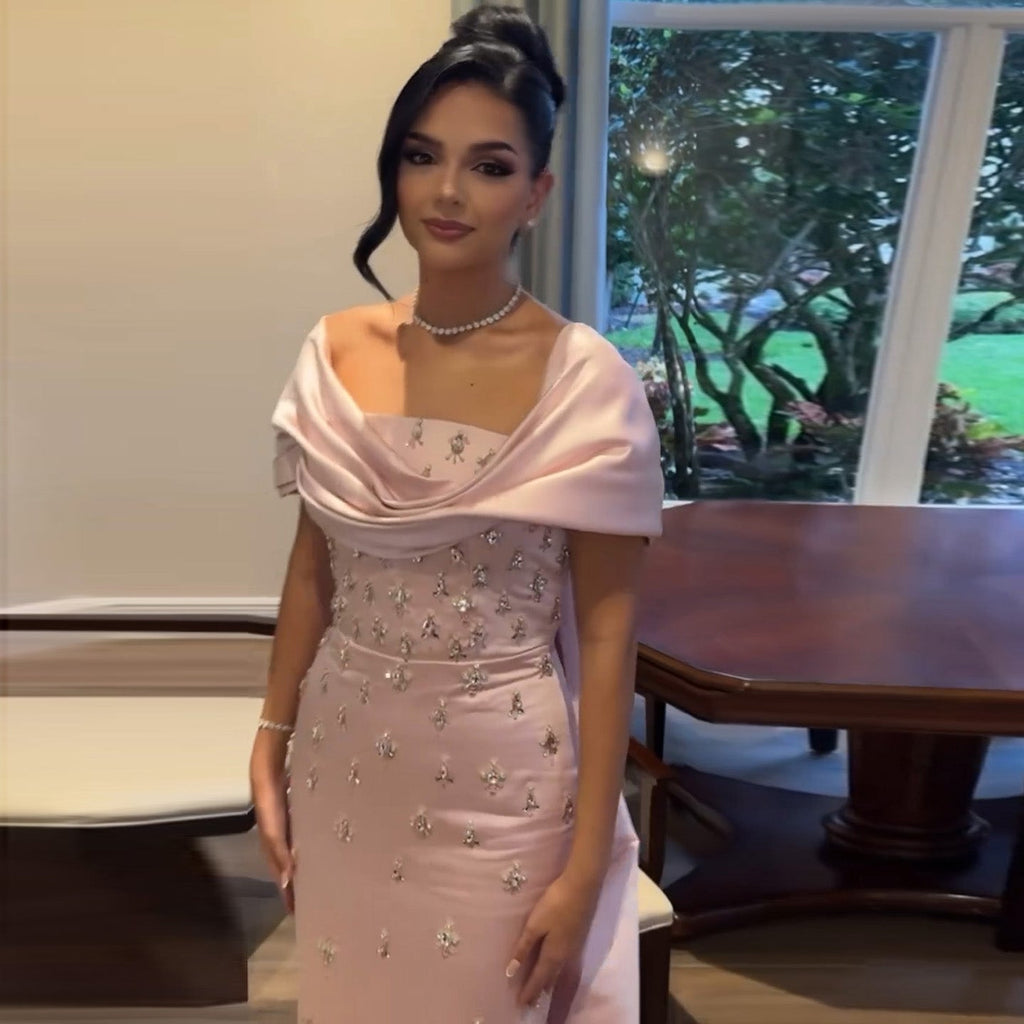 Luxury Crystal Pink Off Shoulder Satin Evening Dress SS500 – Sharon Said
